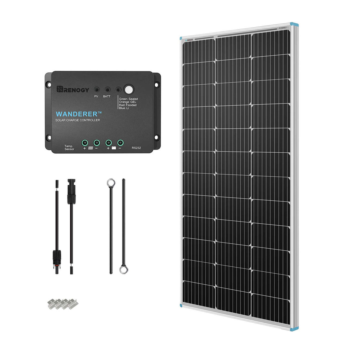 Renogy 100W 12V Monocrystalline Solar Starter Kit w/Wanderer 30A Charg ...